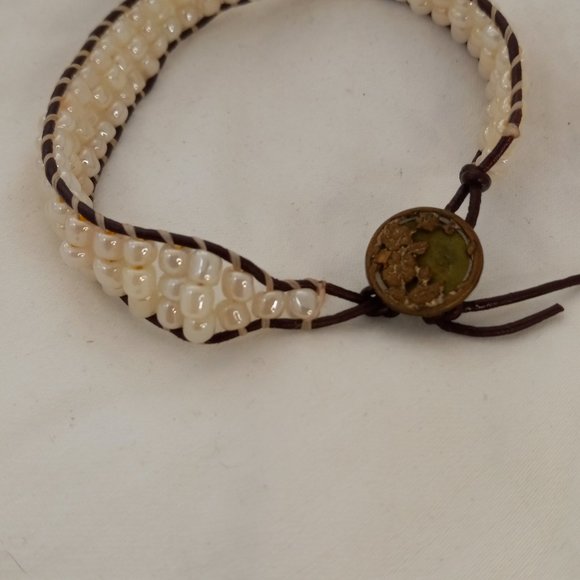 Jewelry | Woven Bracelet With Pearl Beads On Brown Leather Antique ...